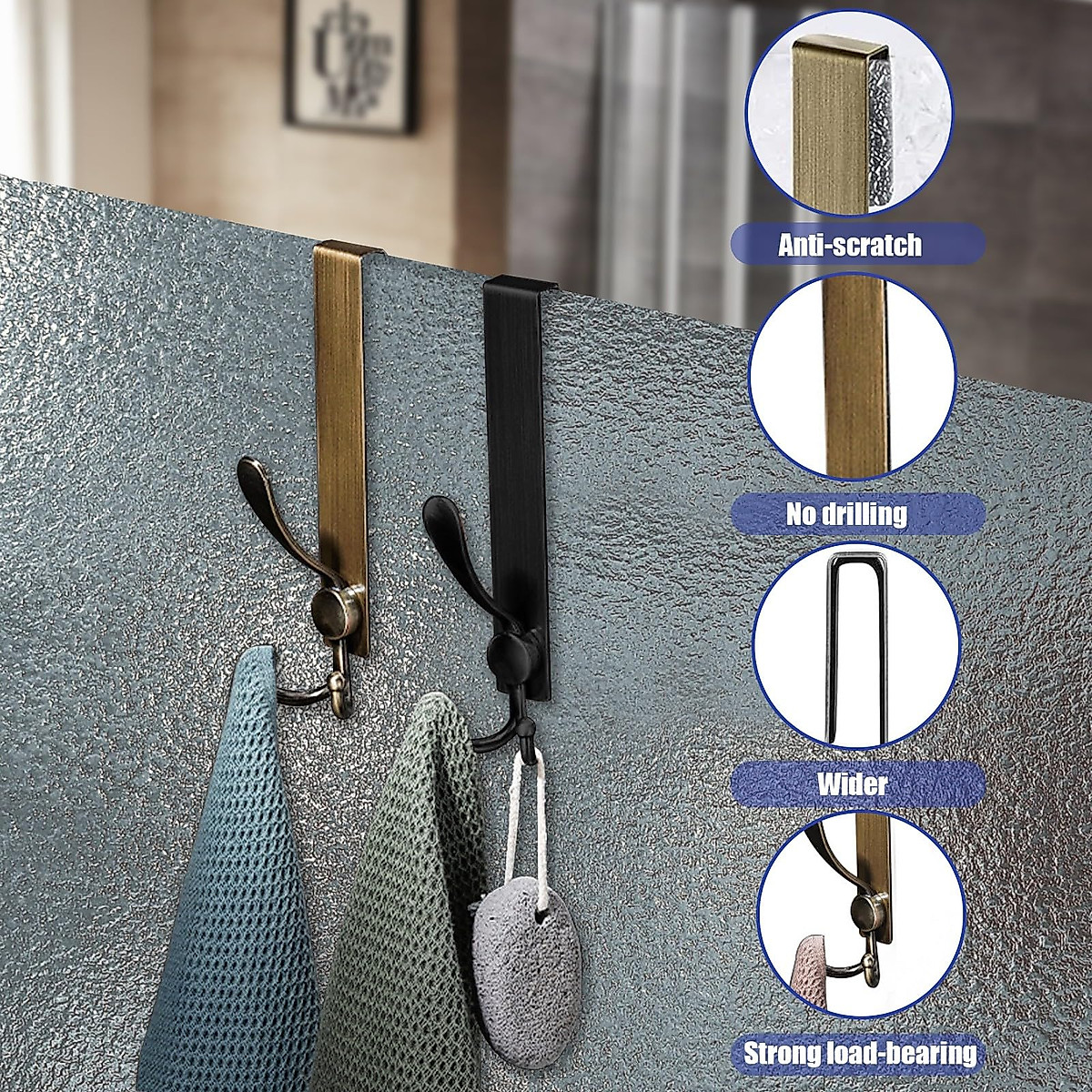 Braxen Shower Door Hooks 2-Pack - Stainless Steel Shower Towel Hook, Durable Shower Hooks for Towels, Rustproof Hanger for Frameless Glass Doors, black&bronze