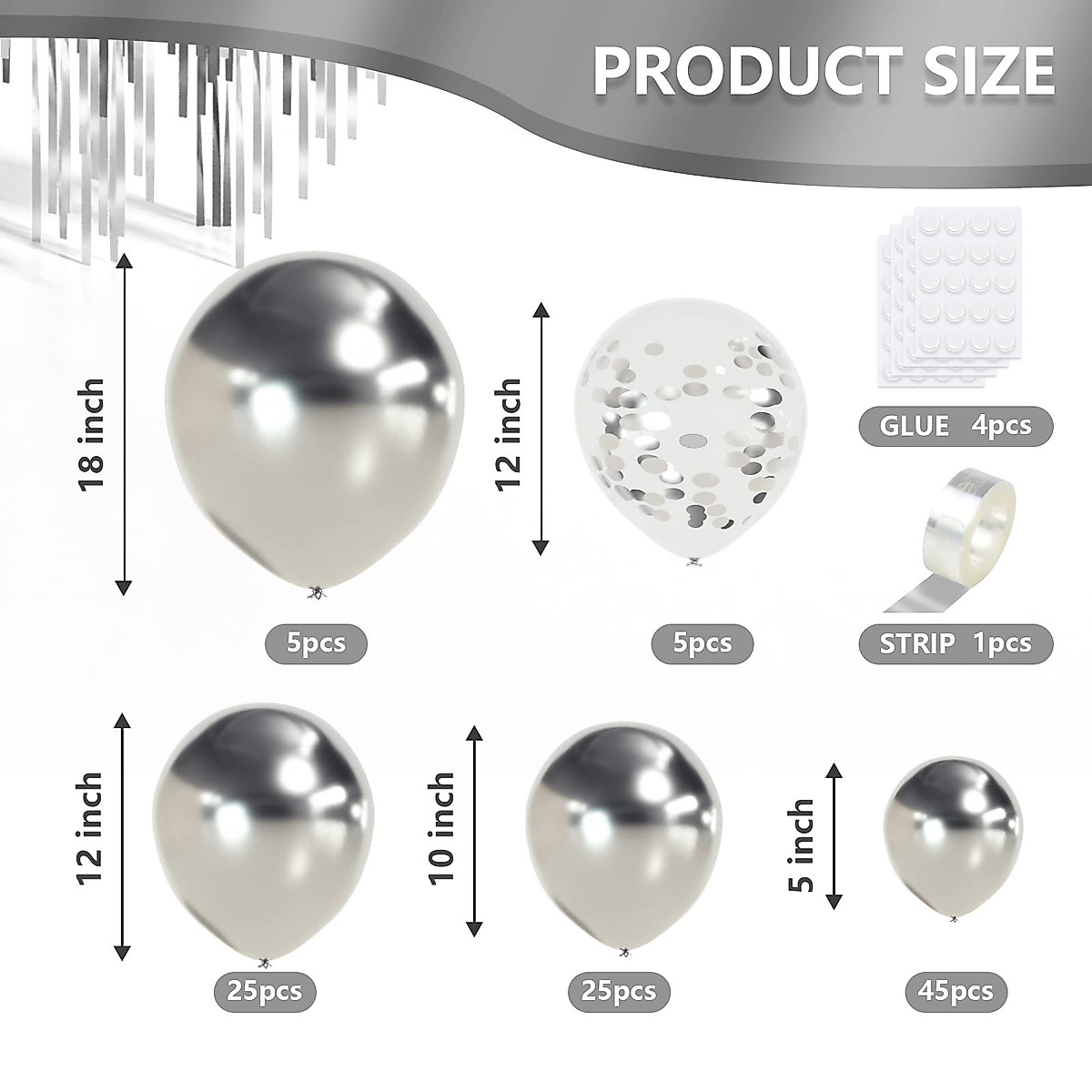 Metallic Sliver Balloon Different Sizes 110 Pcs 18 12 10 5 Inch Chrome Balloon Garland Arch Kit Confetti Balloons Latex Party Balloons for Graduation Baby Shower Birthday Wedding Party Decorations