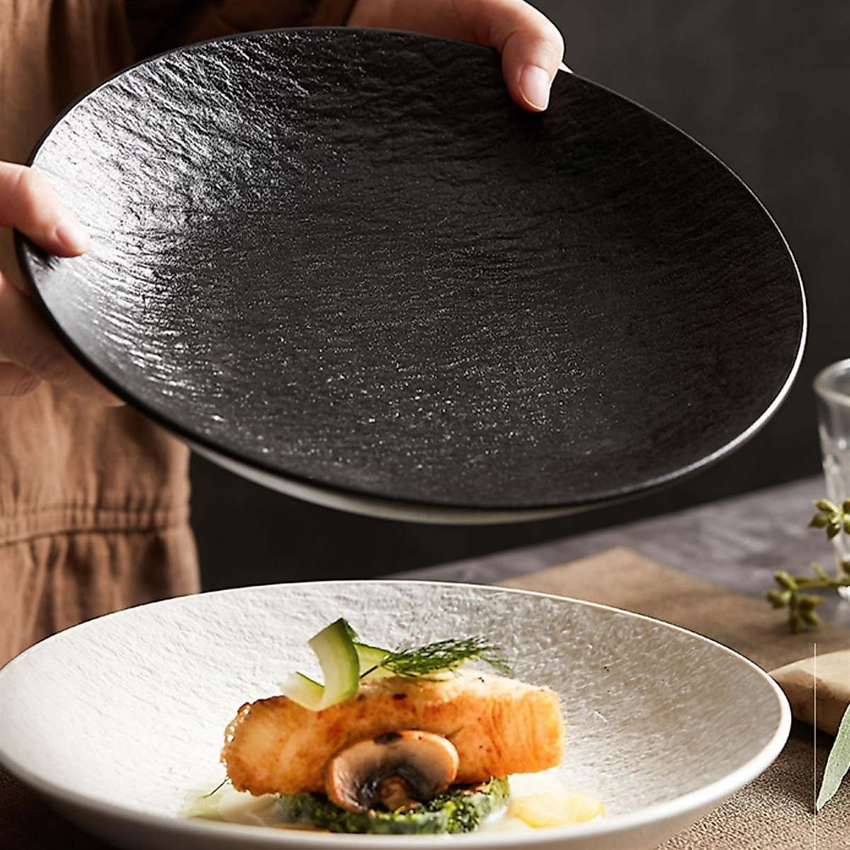 Dinner Plates Set Fruit Tray Household Deep Plate Ceramic Salad Bowl Soup Plate White Rock Dish Household Kitchen Restaurant Plate Round Frosted Dining Plate Kitchen Salad Bowl (Color : B, Size : 8.