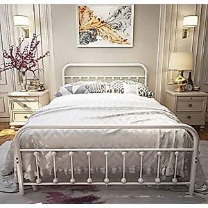 NEEBIRGELIA White Metal Bed Frame Queen Size with Headboard and Footboard Single Platform Mattress Base,Metal Tube and Iron-Art Bed（Queen,Grayish White）