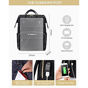 LOVEVOOK Laptop Backpack Women, 15.6 Inch Computer Backpack with Charger, Water Resistant Teacher Bag Work Backpack with Laptop Compartment for Travel Business College Bookbag, Black