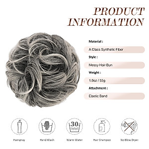 FESHFEN Messy Bun Hair Piece - Large Wavy Curly Elastic Hair Bun Scrunchies Ponytail Extensions Synthetic Chignon Hairpieces for Women, Gray and White Tips 1.94oz