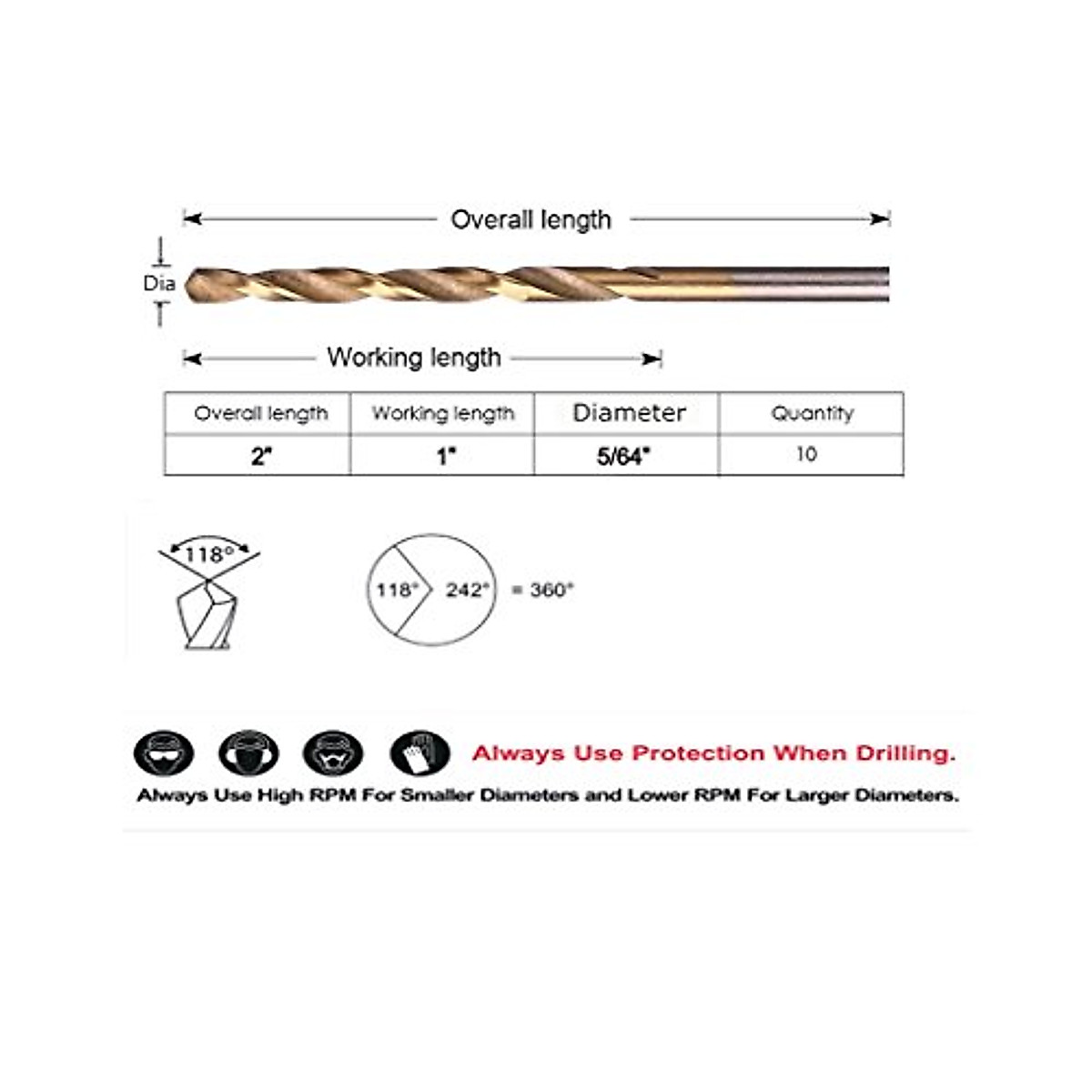 DrillForce 10pcs 5/64" Titanium Drill Bits, High Speed Steel Twist Drill Bits, Jobber Length, Round Shank. Ideal for DIY, Home, General Building and Engineering Using.
