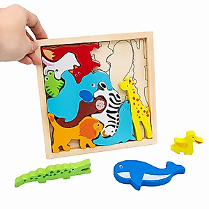 XJYQJD Dinosaur Sorting & Stacking Toys for Toddlers 1-3, Wooden Dinosaur Blocks Puzzles for Kids 2-4 Multi-Theme Animals Fruits Numbers Jigsaw Puzzles Montessori Educational Learning Toys (4 Pack)