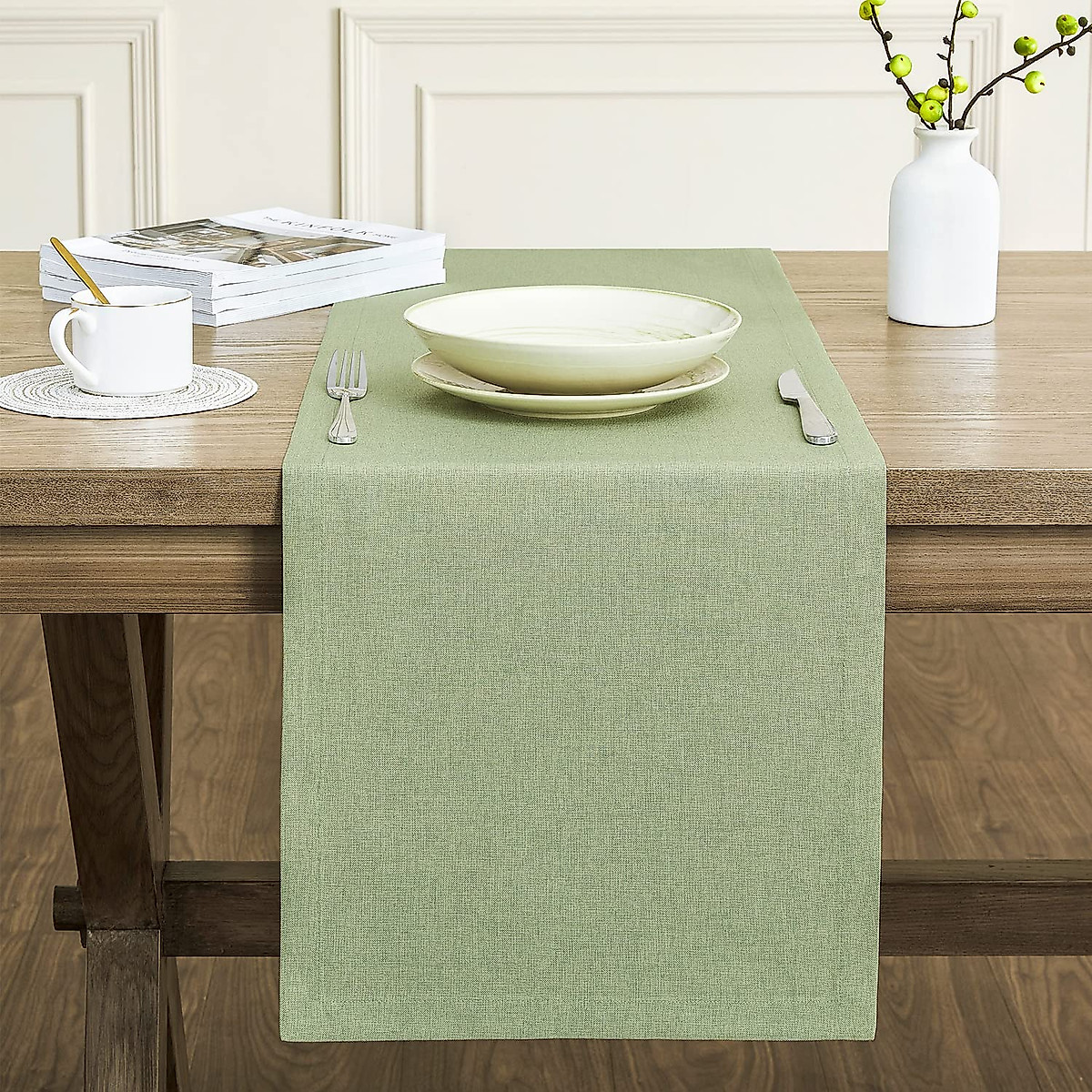 ZeeMart Basic Linen Style Table Runner, 14 x 48 Inch Sage Green, Rustic Farmhouse Green Table Runners 48 Inches Long, Everyday Polyester Table Runner - Machine Washable & Easy Care
