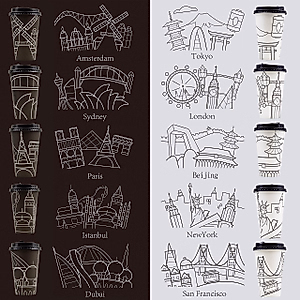 Youngever 70 Sets Disposable Coffee Cups with Lids, To Go Hot Coffee Cups, Durable Paper Cups with Lids, City Skyline Design