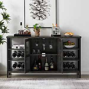 Tiophome Industrial Bar, Liquor Storage Credenza, Farmhouse Wood Coffee Cabinets with Wine Racks & Stemware Holder, Metal Sideboard and Buffet (55.12''W, Dark Grey)