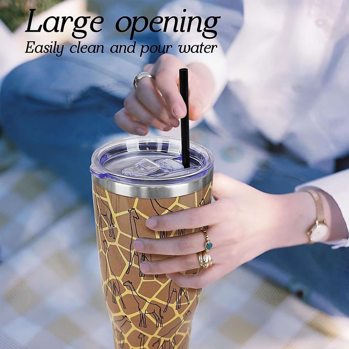 Giraffe 40 Oz Tumbler with Handle and Straw, Giraffe Print Large Big Stainless Steel Vacuum Insulated Tumbler Coffee Cup Water Bottle Travel Mug, Cute Giraffe Gifts Stuff Decor Accessories, Brown