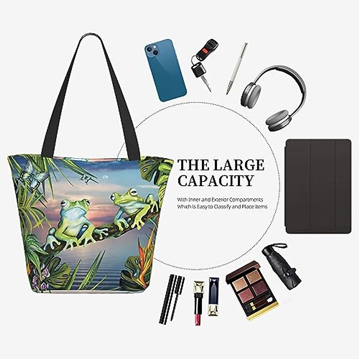 VACSAX Tote Bag for Women Reusable Shopping Bags Tropical Forest Frog Print Shoulder Handbag Aesthetic Totes for Grocery