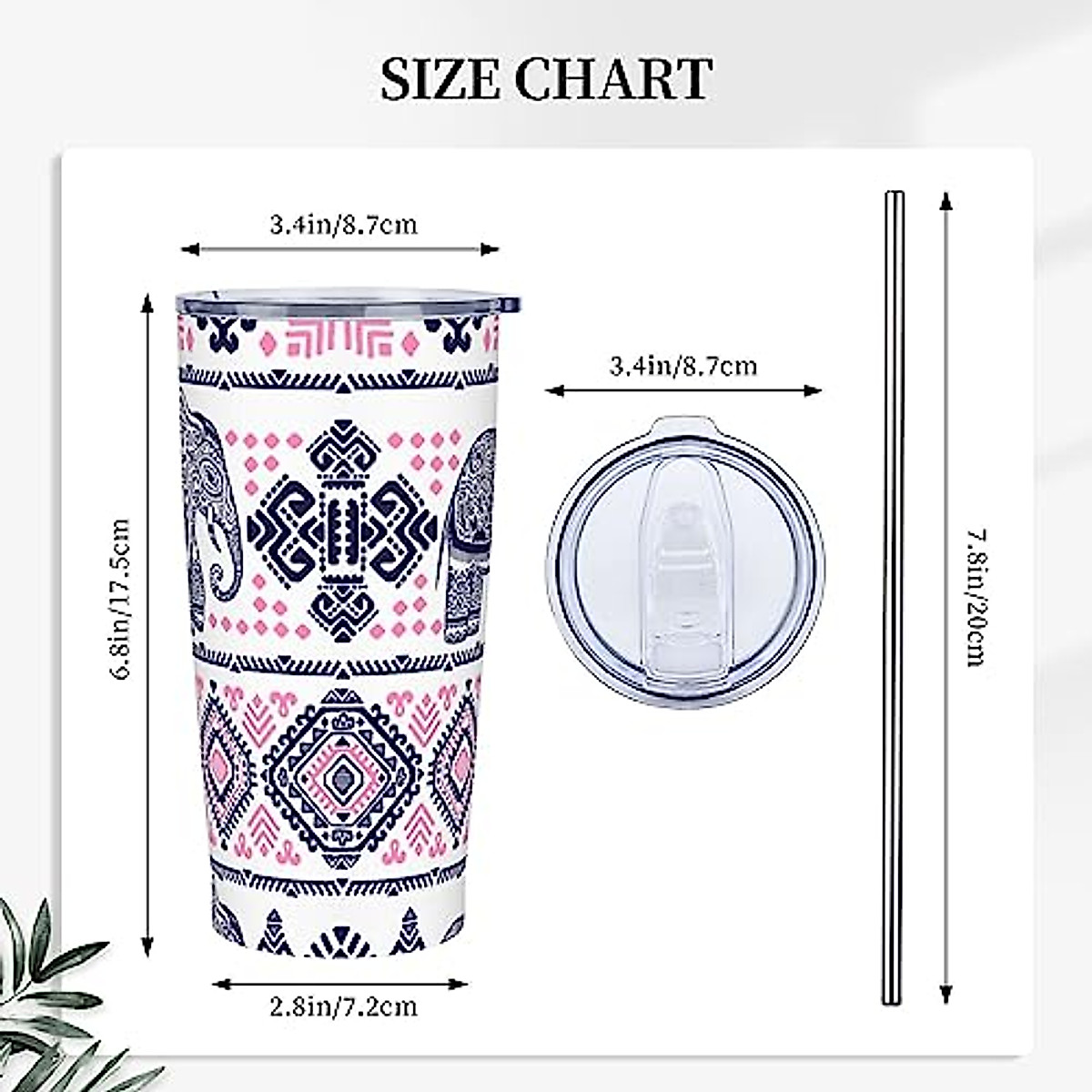 20oz Insulated Coffee Tumbler With Straw Stainless Steel Swig Tumblers,Travel Mugs Insulated For Hot And Cold,Reusable Thermal Water Bottle Cup For Car Camping Exercise（Mandala Bohemian Elephant ）