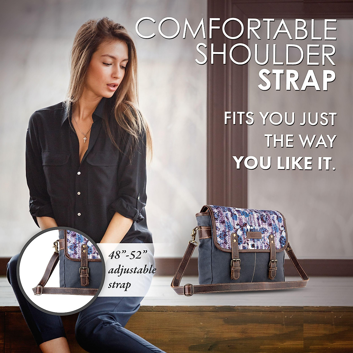 SIXTEASE Womens Shoulder Bag Vintage Style Shoulder Bags for Women - Made with Genuine Leather, Upcycled Canvas, or Hair On - Handmade, Adjustable Strap, Brass and Zinc Hardware - Helio