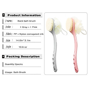 AARainbow 2 Packs Shower Body Brush with Bristles and Loofah, Back Scrubber Mesh Sponge with Curved Long Handle for Skin Exfoliating Bath, Massage Bristles Suitable for Men and Women (1Gray+1Pink)