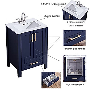 Popity home 24 Inch Bathroom Vanity with Sink,Blue Bathroom Sink Cabinet,Small Bath Vanity with White Three Hole Ceramic Sink, Gold Handle Bathroom Vanity