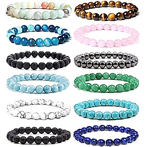 Jewdreamer 12Pcs Healing Stone Beaded Bracelets for Women Men Semi-Precious Gemstones Bracelets Crystal Beaded Bracelet Unisex Adjustable Stretch Bracelets 8MM