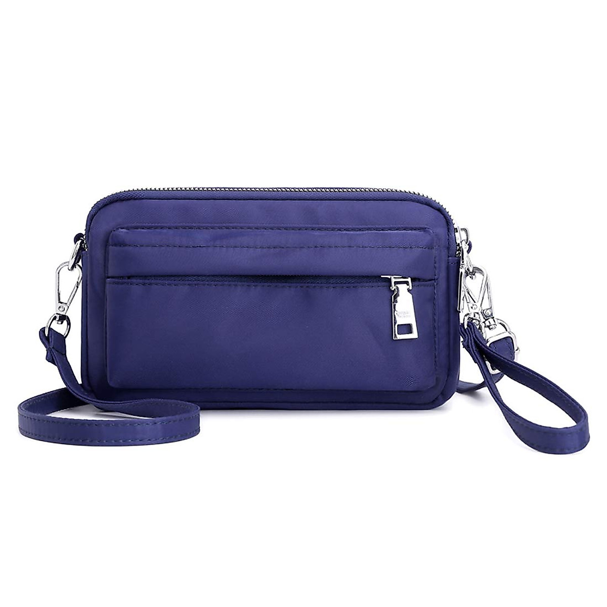YANAIER Multi-Zipper Crossbody Handbag Purse, Women's Nylon Wristlet Mini Crossbody Bag Clutch with 2 Straps Dark Blue