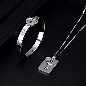 MYNENEY His Hers Love Heart Key Lock Bangle Bracelet Tag Pendat Necklace Set in a Gift Box (Silver 6.5In)