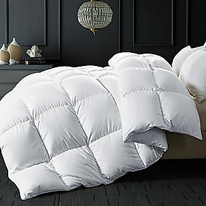 ELNIDO QUEEN Feather Down Comforter Queen Size - White Down Duvet Insert - Luxurious Fluffy Hotel Style Bedding Comforter - 100% Cotton Cover All Season Medium Warmth - Queen Size (90x90 Inch)