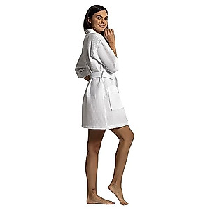 Chakir Turkish Linens Lightweight - Quick Dry Waffle Knit Bath, Spa and Bridesmaids Kimono Short Robe (White, One Size)