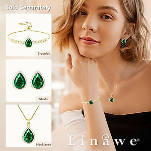 Linawe Emerald Crystal Chain Necklace for Women Trendy, Green Diamond Pendant, Cubic Zirconia Birthstone Rhinestone Teardrop, Preppy Dainty Boho Summer Beach Jewelry
