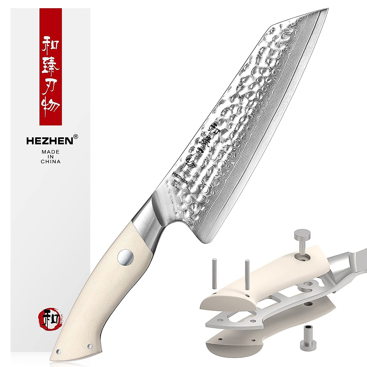 HEZHEN 7.3” Santoku Knife, High Carbon Damascus Steel Chef Knife, Hammered Japanese Style Kitchen Knives,Meat Vegetable Cutting Cleaver Knife, Ivory White G10 Handle