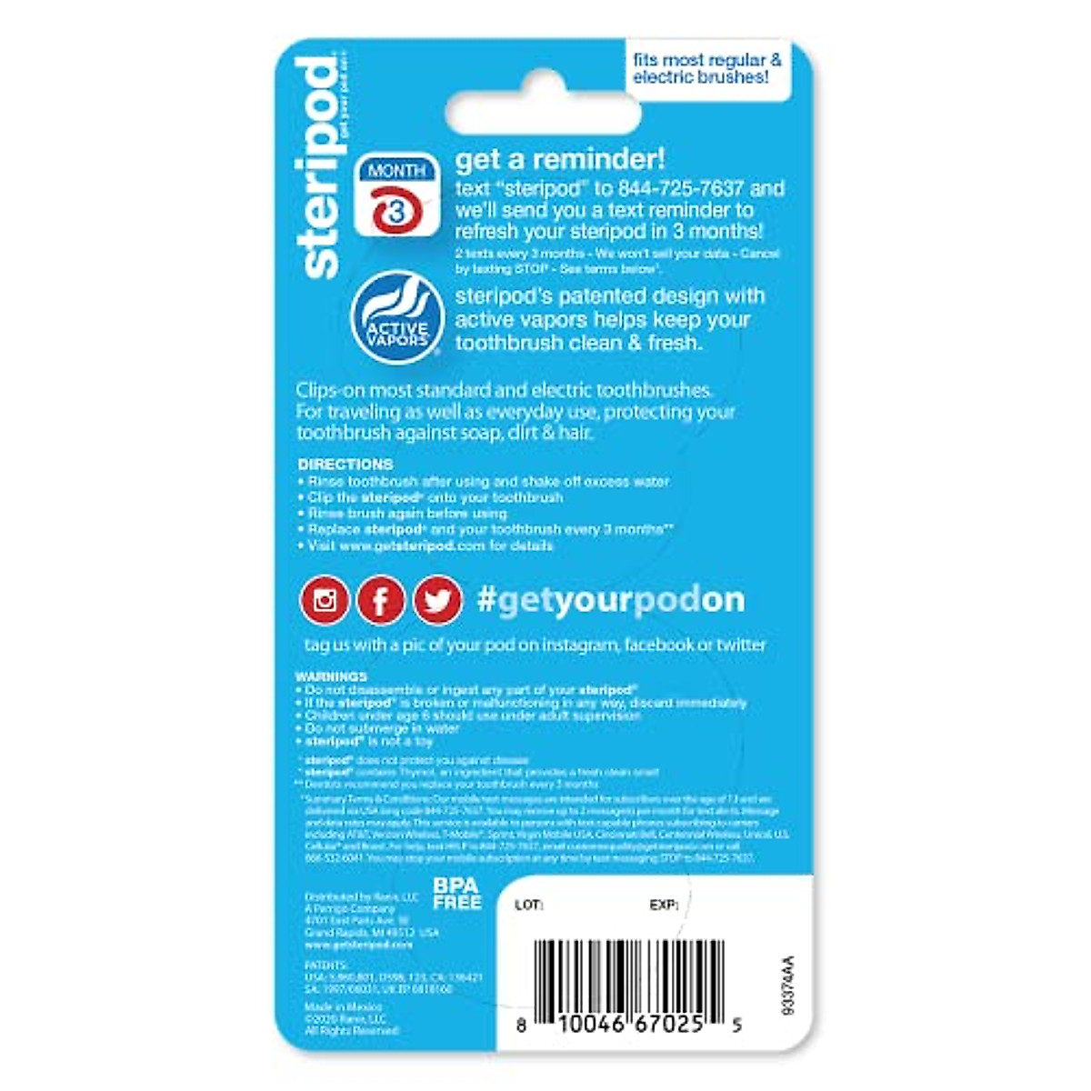 Steripod Clip-On Toothbrush Protector, Clear Blue and Clear Green, 2 Count