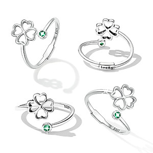 MUNDELL 925 Sterling Silver Simple Four Leaf Clover Adjustable Ring Green Zircon Lucky Statement Rings for Women Stacking Rings Fashion Jewelry