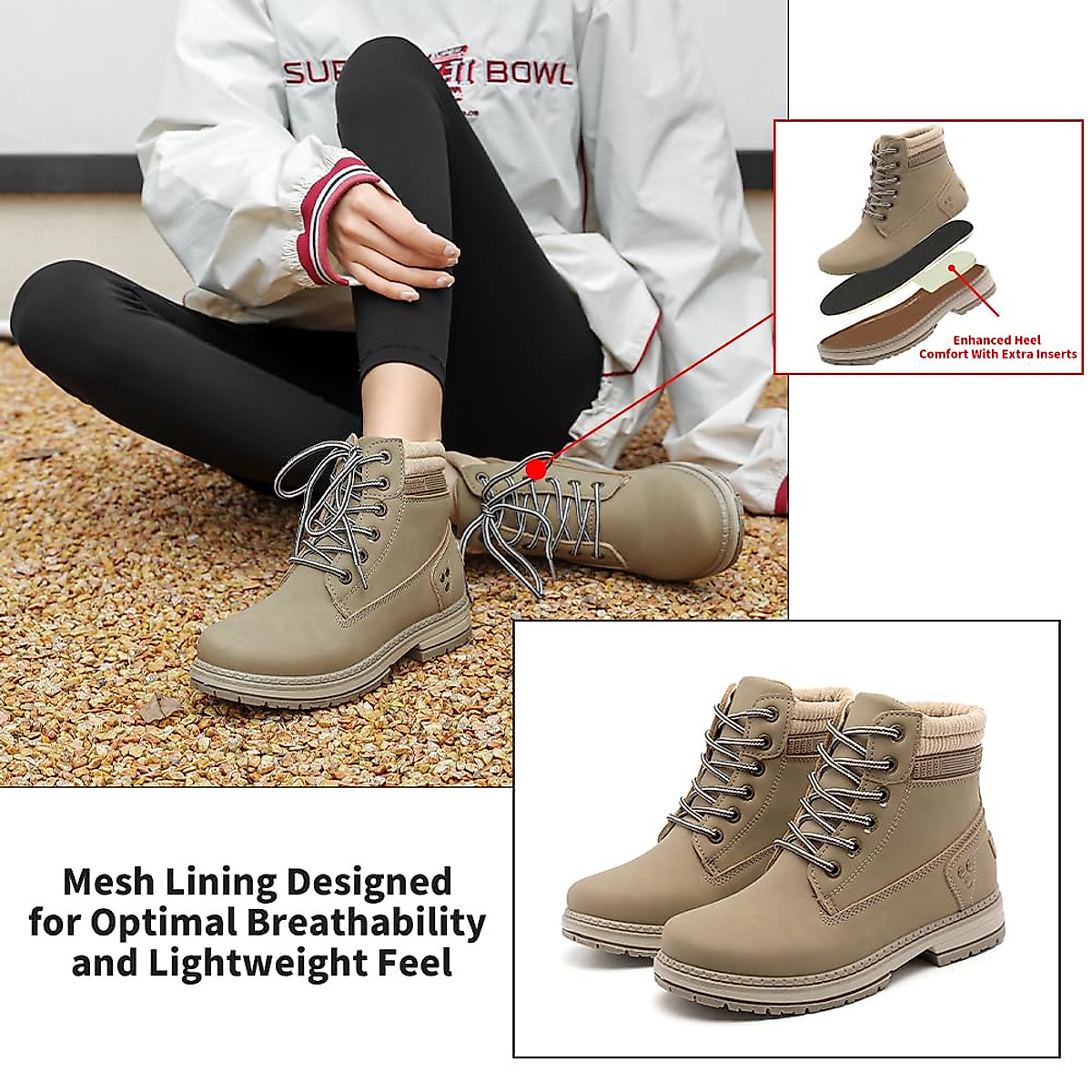Cross Hill Women Hiking Work Boots - Waterproof Cute Ankle Combat Booties Lace Up Low Heel Lightweight Comfortable Black Khaki Camel Beige