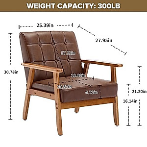 Ufurpie Mid Century Modern Arm Chair with Wood Frame,PU Leather Reading Armchair,Accent Chair for Living Room Bedroom Reading,Easy Assembly,Brown