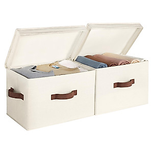 StorageWorks Closet Storage Bin with Lids, Decorative Storage Boxes with Handles, Fabric Storage Bins for Clothes, Large, Ivory White, 2-Pack
