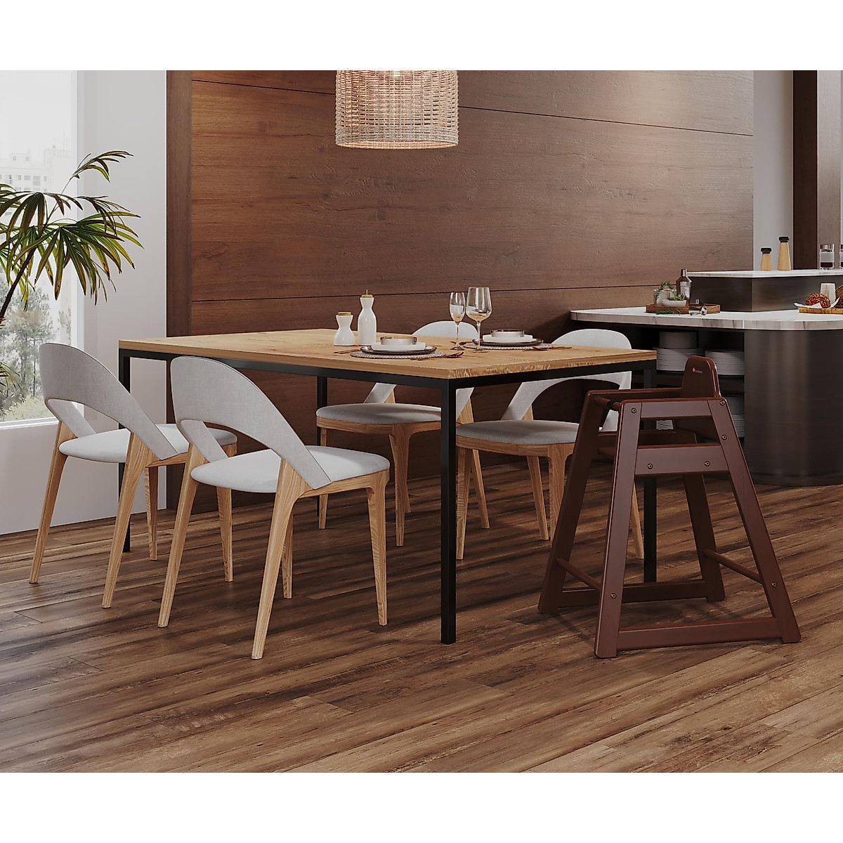 Foundations Neat Seat Wood Highchair for Restaurants, Easy to Clean, “No-tip” Feet, 3-point Safety Harness, Durable Hardwood, Small Footprint, Stackable (Antique Cherry)