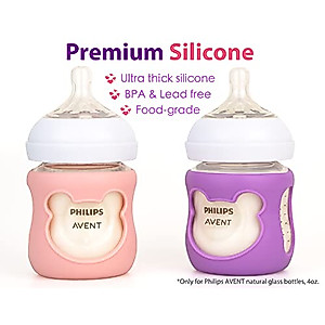 100% Silicone Baby Bottle Sleeves for Philips Avent Natural Glass Baby Bottles, Premium Food Grade Silicone Bottle Cover, Cute Bear Design, 4oz, Pack of 2 (Pink/Purple)