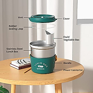QYBEEDE Electric Lunch Box, 110v 48w 1.2L Green Cordless Lunch Box 304 Stainless Steel Portable Microwave Food Warmer Heated Lunch Box with Fork and Spoon for Home, Apartment, Office, School, Travel