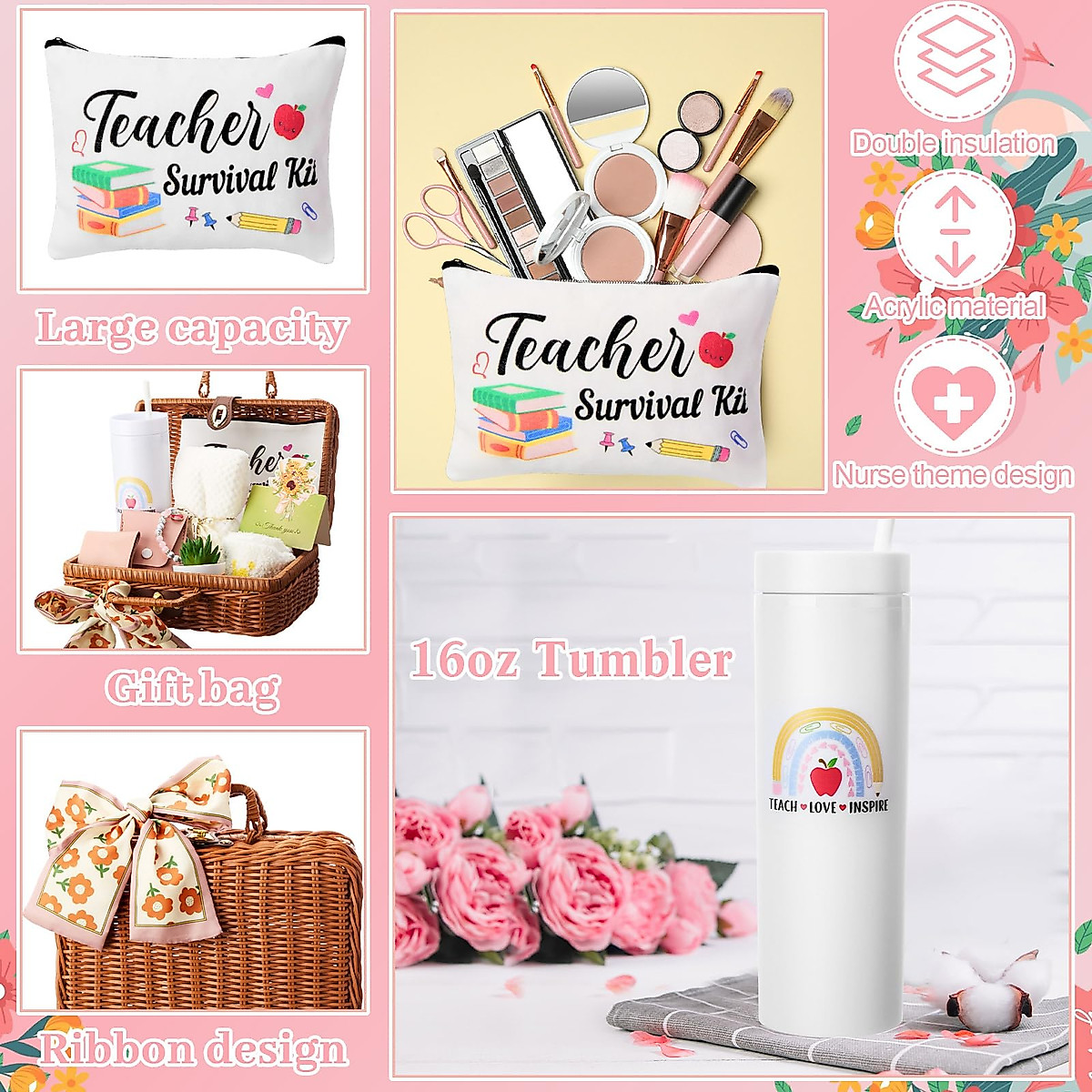 Reallnaive 11 Pcs Teacher Gifts for Women Appreciation Graduation Thank You Gift Include Tumbler, Basket, Ribbon, Bracelet, Card, Towel, Makeup Bag, Plant, Makeup Brushes, Nail Clippers, Socks