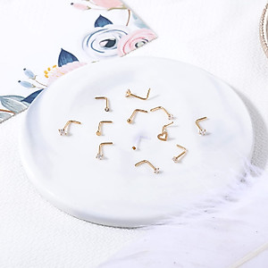 ZS 12Pcs 20G Nose Studs Rings - Surgical Steel L Shape Nose Bone Nose Screw CZ Nostril Piercing Jewelry for Women (Gold,L Shaped Nose Rings)