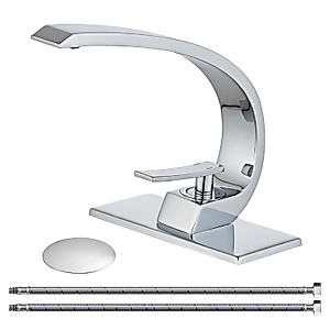 Wovier Chrome Bathroom Sink Faucet,Unique Design Single Handle Single Hole Brass Lavatory Vanity Faucet,Basin Mixer Tap with Supply Hose and Pop Up Drain Assembly