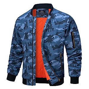 MAGCOMSEN Winter Bomber Jacket Men Quilted Lining Fall Coat Padded Windproof Warm Outerwear with Pockets Stylish Camouflage Blue 2XL