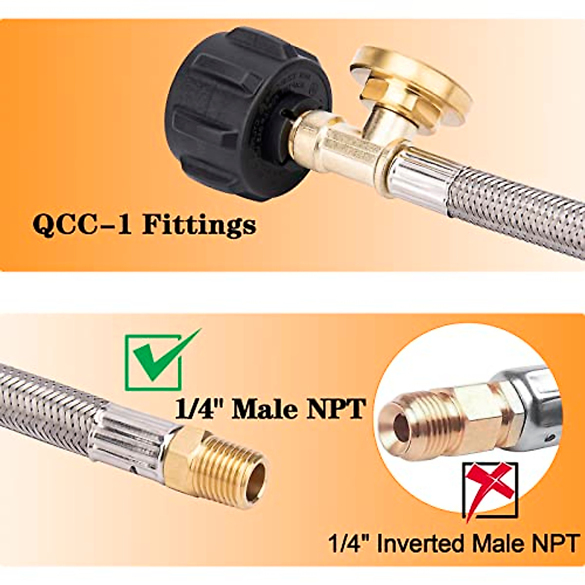 15 inch RV Propane Hose with Gauge, Stainless Steel Braided Tank RV Propane Pigtail Hose Line for Camper Standard Dual Stage Regulator 1/4-Inch Male NPT x QCC-1 Fittings 40Lb 250PSI (2 Pack)