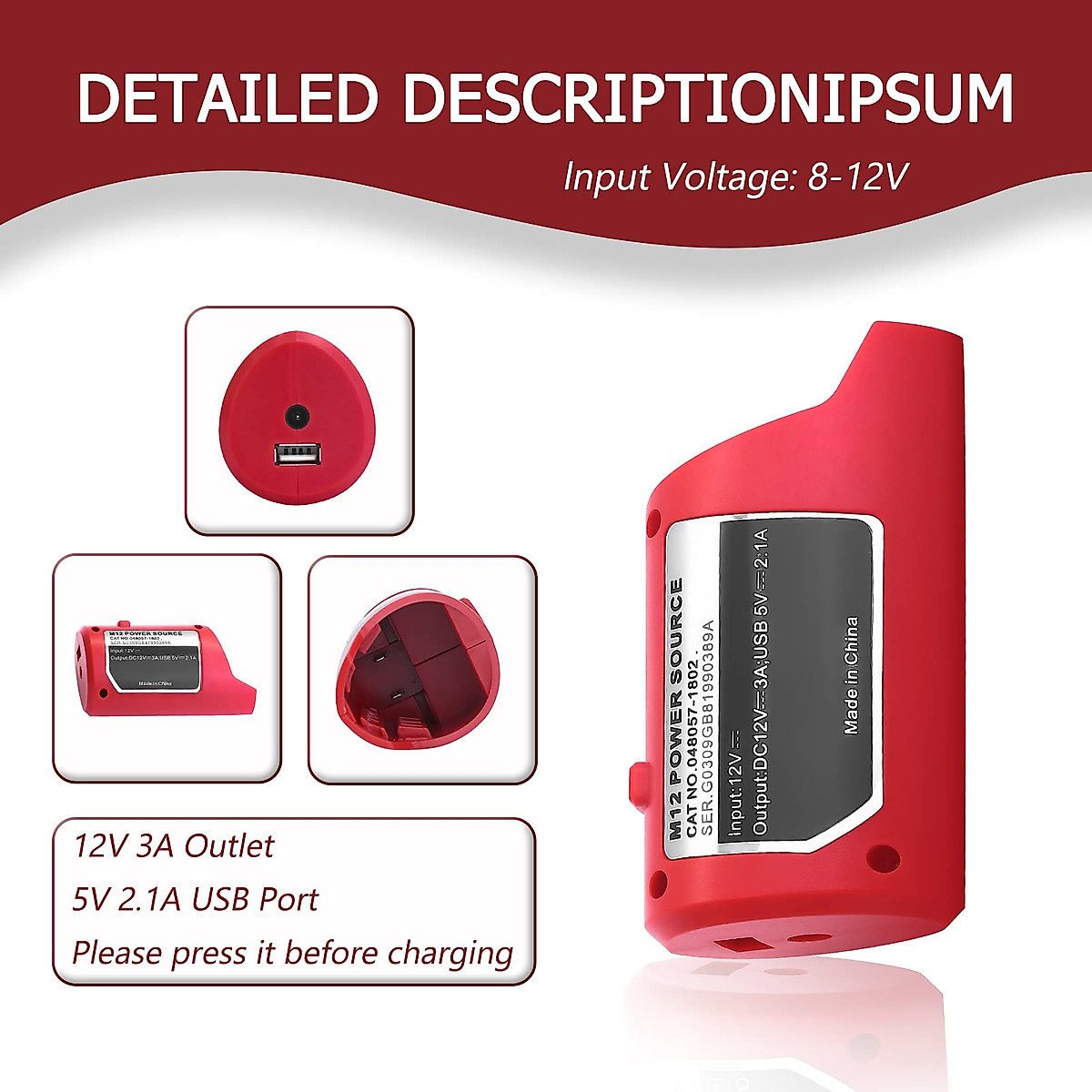 USB Power Source for Milwaukee 49-59-1201 M12 N12 USB Power Charger Adaptor 10.8V/12V Heated Jackets Li-Ion Battery USB Device Charging Adapter LaiPuDuo -Battery Not Included