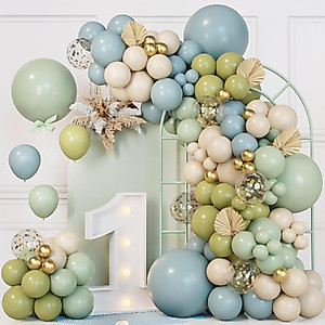 161Pcs Dusty Green and Blue Balloon Garland Arch Kit,Dusty Green Ash Mist Green Haze Fog Blue Sand White Gold Balloons for Birthday Baby Shower Jungle Safari Neutral Wedding Party Decorations