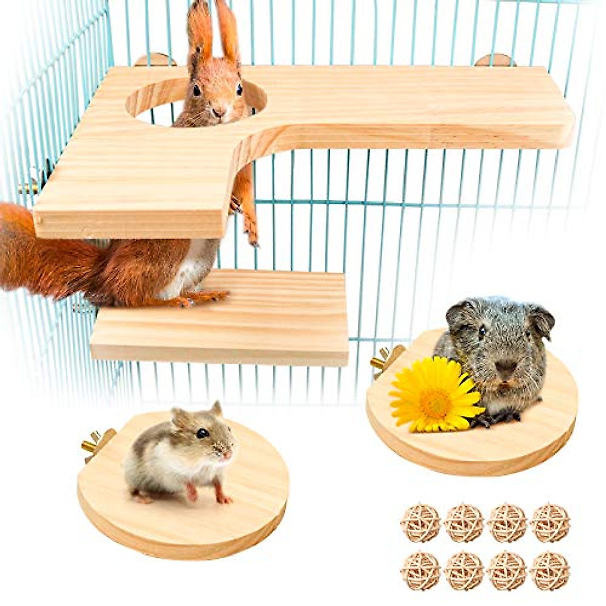 Squirrel Gerbil Chinchilla Dwarf Hamster L-Shaped Pedal Wooden Platform, 3 Pieces of Natural Wooden Parrot Hamster Round Standing Board (Style-2)