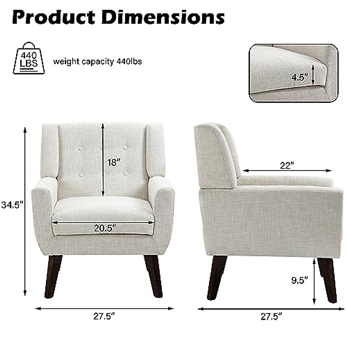 UIXE Comfy Arm Accent Chairs for Bedroom, Mid Century Modern Armchair Living Room Sofa Chair with Wooden Legs, Linen Fabric Button Tufted Upholstered Reading Chair for Home Office (Beige)