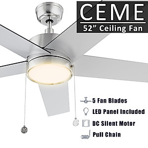 52” Ceiling Fans with Lights, 5 Speeds Reversible DC Modern Ceiling Fan with Pull Chain, 3 Light Colors Dimmable Outdoor Ceiling Fan, Sliver