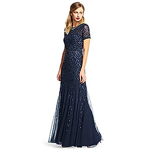 Adrianna Papell Women's Short-Sleeve Beaded Mesh Gown, Navy, 8