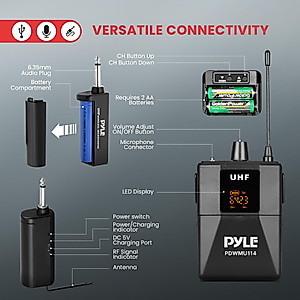 Pyle UHF Wireless Microphone System Kit - Portable Professional Cordless Microphone Set Wireless Mic - Headset, Lavalier, Beltpack Transmitter, Receiver - Karaoke, Conference PDWMU114, Black