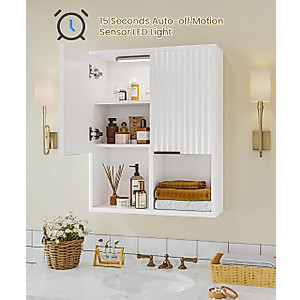 HAIOOU Fluted Bathroom Wall Cabinet with Motion Sensor Light, Curved Profile Wooden Medicine Cabinet Wall Mounted Cupboard, Wave Like Over Toilet Storage Cabinet with Buffering Hinges - Modern White