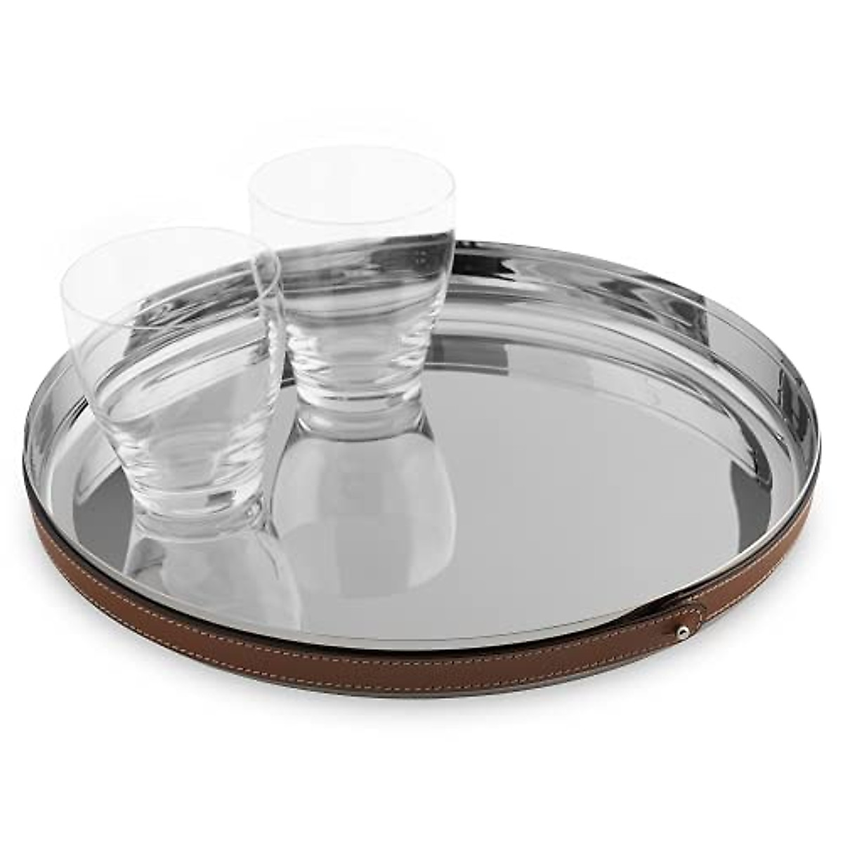 nambe Tahoe Bar Tray | Stainless Steel Organizing Tray with Raised Edges and Leather Accent | Decorative Round Metal Serving Tray | 13-in Removable Leather Accent