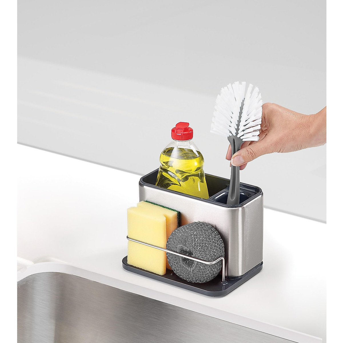 Joseph Joseph 85112 Surface Sink Caddy Stainless Steel Sponge Holder Organizer Tidy Drains Water for Kitchen, Large, Grey