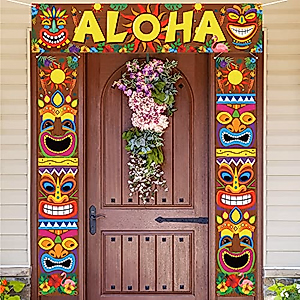 90shine 3PCS Hawaiian Luau Party Decorations Tiki Banners Aloha Tropical Moana Flamingo Door Porch Signs Wall Hanging Decor Supplies