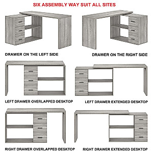 HSH L Shape Desk with Drawers, L-Shaped Desk with Storage Cabinet Shelves, Home Office Corner Computer Desk for Executive Writing, Modern Wood Study PC Table in Bedroom Living Room, Grey Oak, 55 Inch