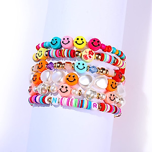 HZEYN Beaded Bracelet Set Stack Colorful Happy Face Pearl Heishi Beaded Stretchy Bracelet Summer Beach Bracelet Jewelry (Colorful-6pcs)